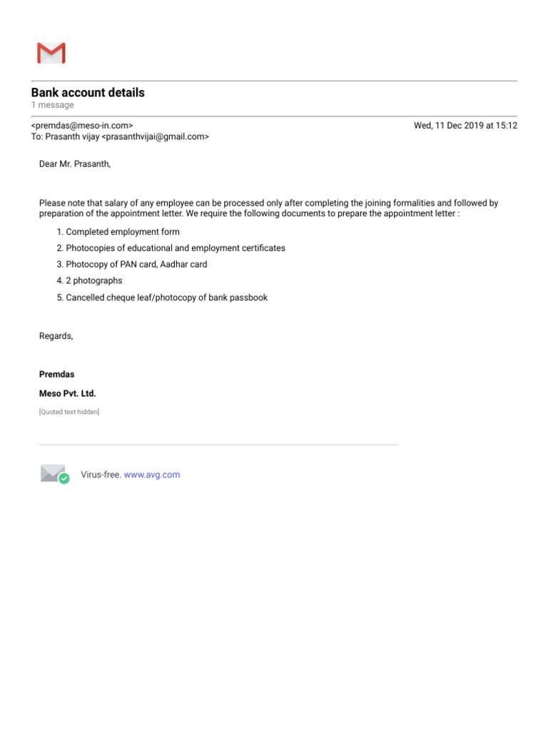 Gmail - Bank Account Details | PDF