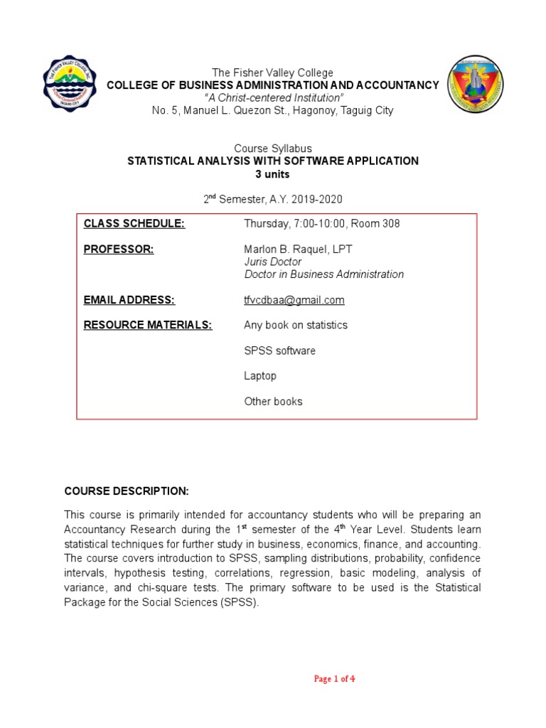 Syllabus - Statistical Analysis With Software Application | PDF | Spss | Statistics