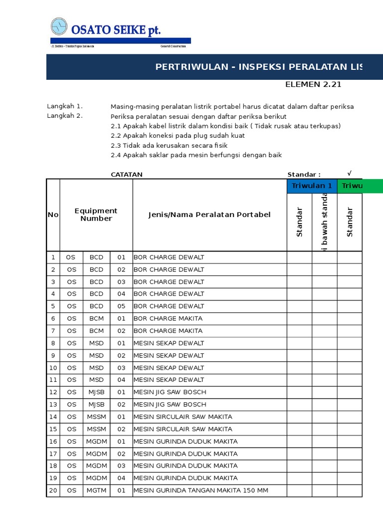 Inspeksi Peralatan Listrik Portable Pt. Osato Seike | PDF