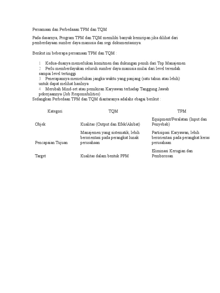 Persamaan & Perbedaan TPM & TQM | PDF