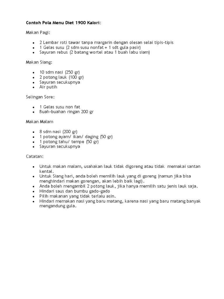 Contoh Pola Menu Diet 1900 Kalori | PDF