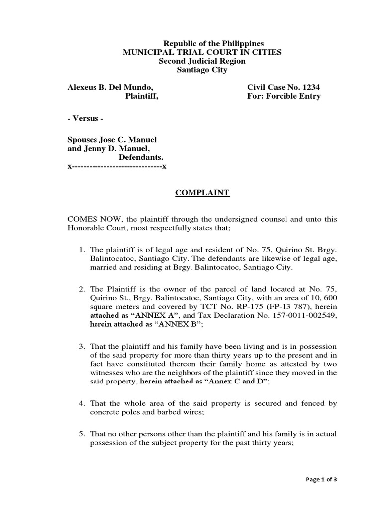 Forcible Entry Complaint | PDF | Common Law | Separation Of Powers