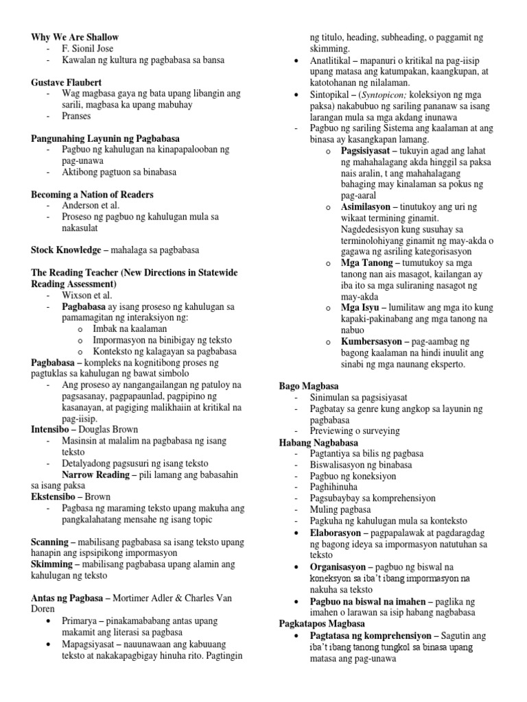 Pagbasa at Pagsuri Reviewer | PDF