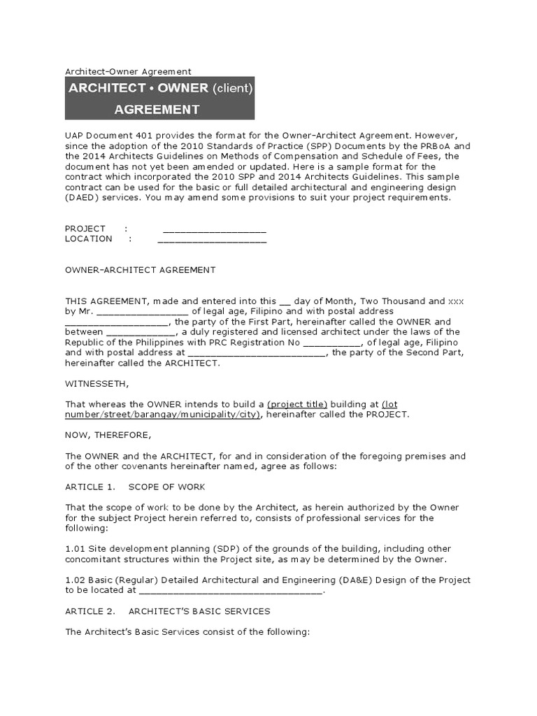 Architect-Owner Agreement | PDF | Architect | Specification (Technical Standard)