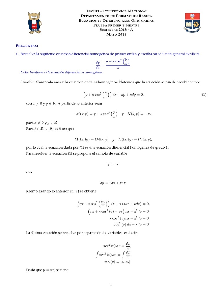 Soluciones Prueba Primer Bimestre EDO | PDF | Ecuaciones diferenciales | Ecuaciones