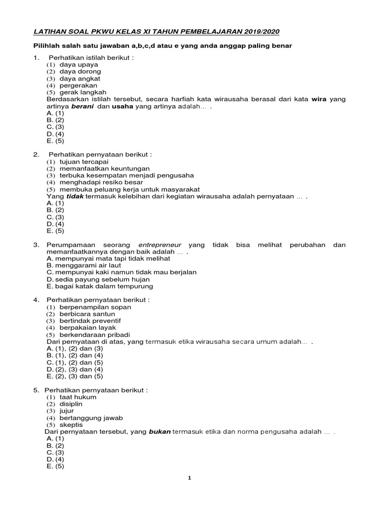 Latihan Soal Pkwu Kelas Xi | PDF