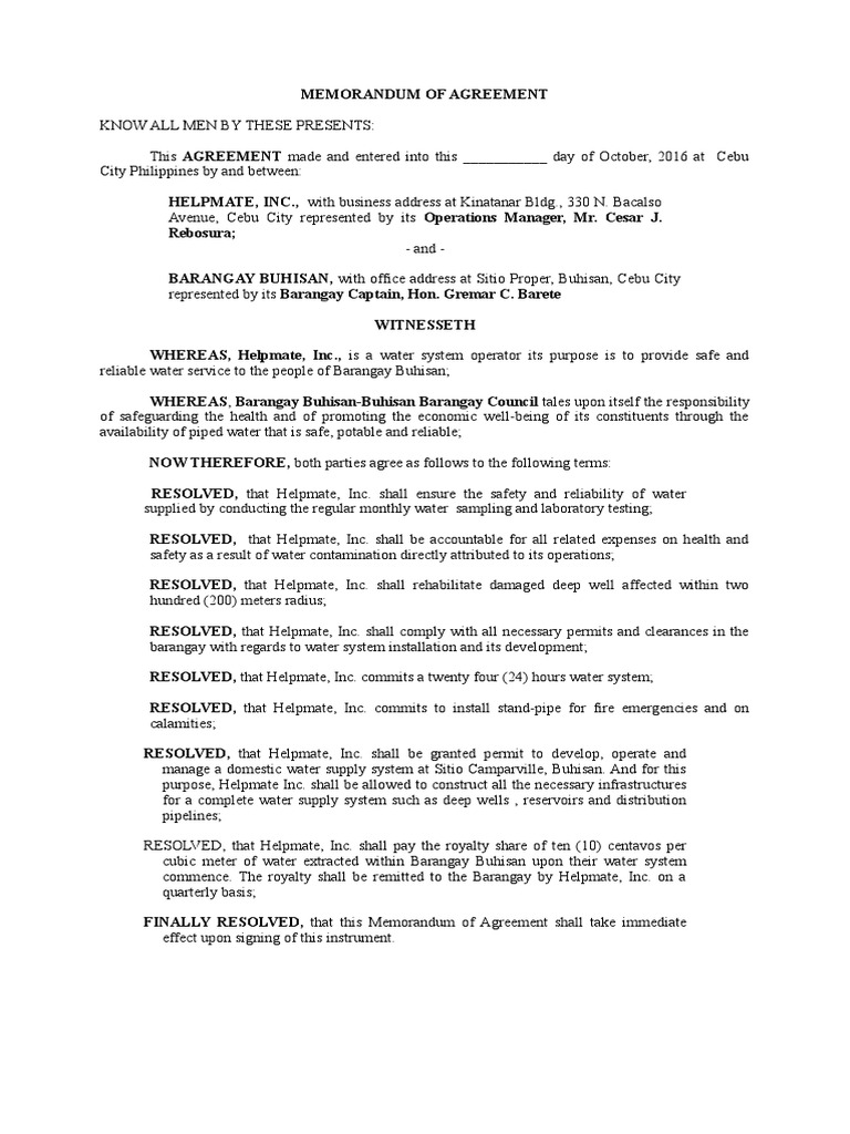 Helpmate Inc. Agreement with Barangay Buhisan | PDF | Drinking Water | Water And Politics