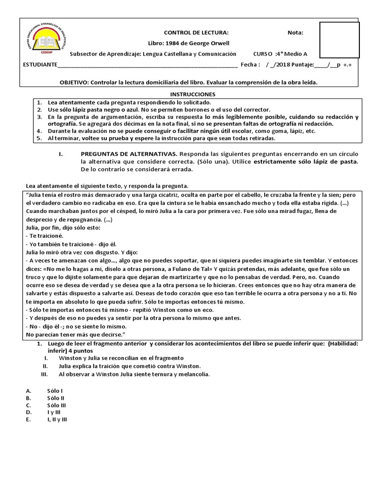 Control de Lectura 1984 Con PAUTA 1984 Orwell 2018 Forma A | PDF