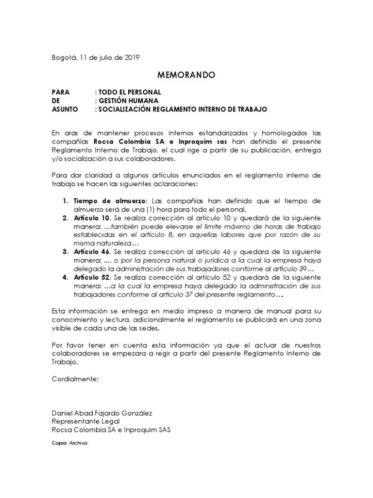 Carta Entrega Reglamento Interno | PDF | Negocios | Informática