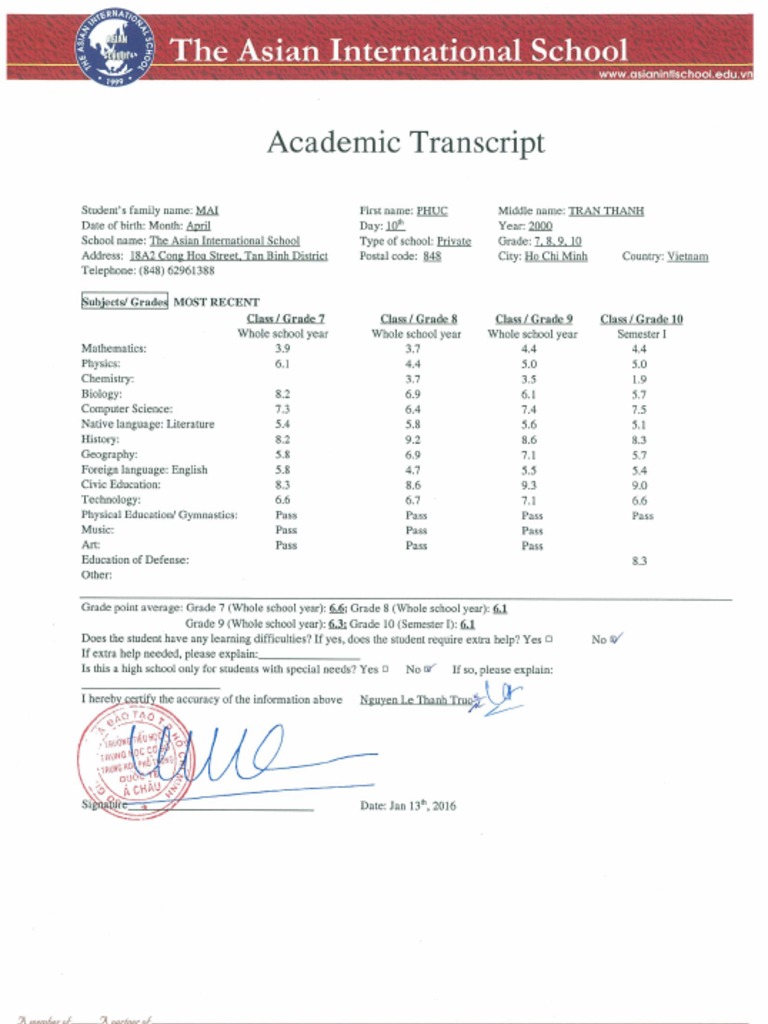 Secondary School Transcript PDF | PDF