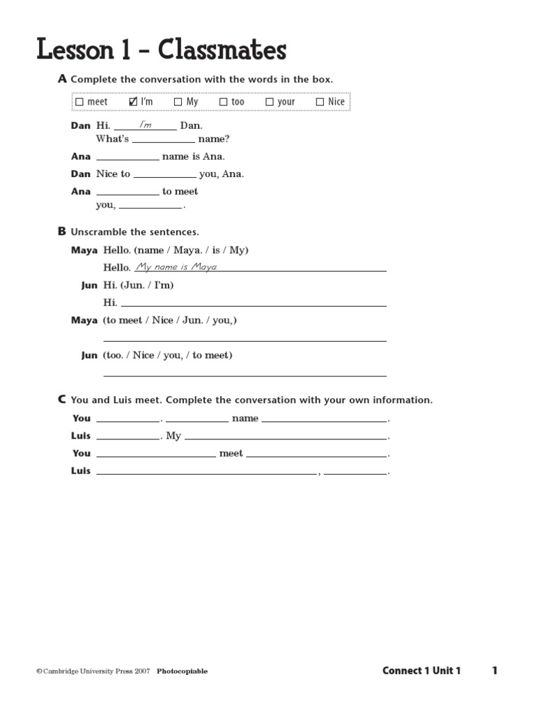 Lesson 1 - Classmates: Meet 3 I'm My Too Your Nice | PDF | Leisure