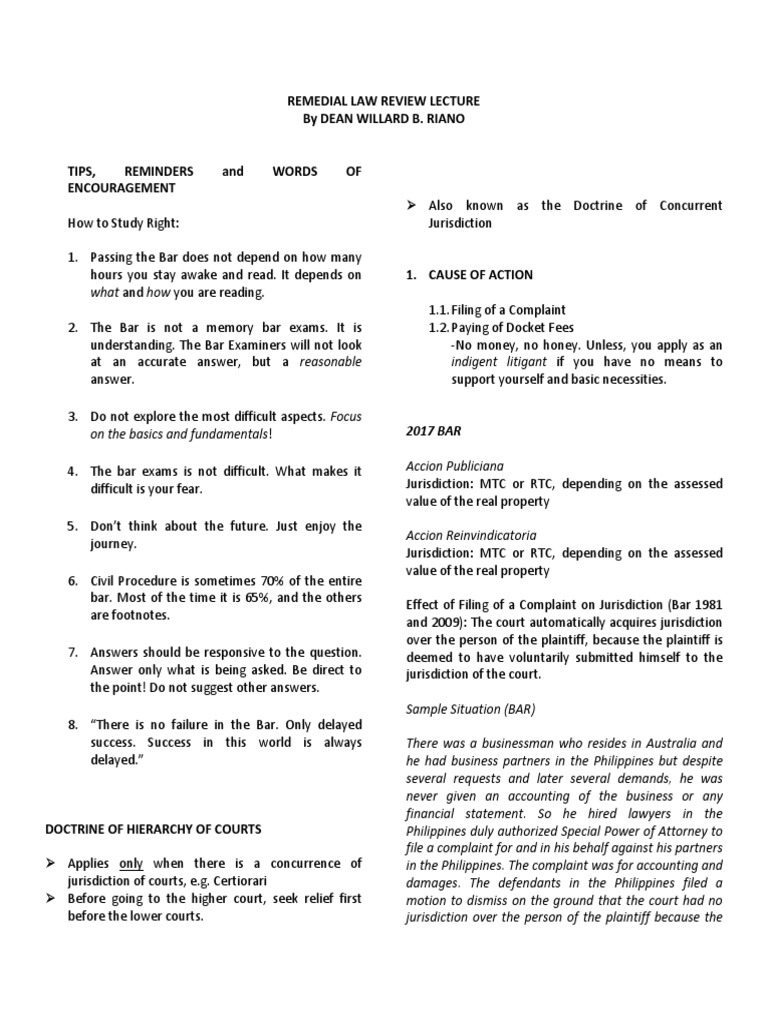 REMEDIAL LAW REVIEW LECTURE by DEAN WILLARD B. RIANO | PDF | Complaint ...
