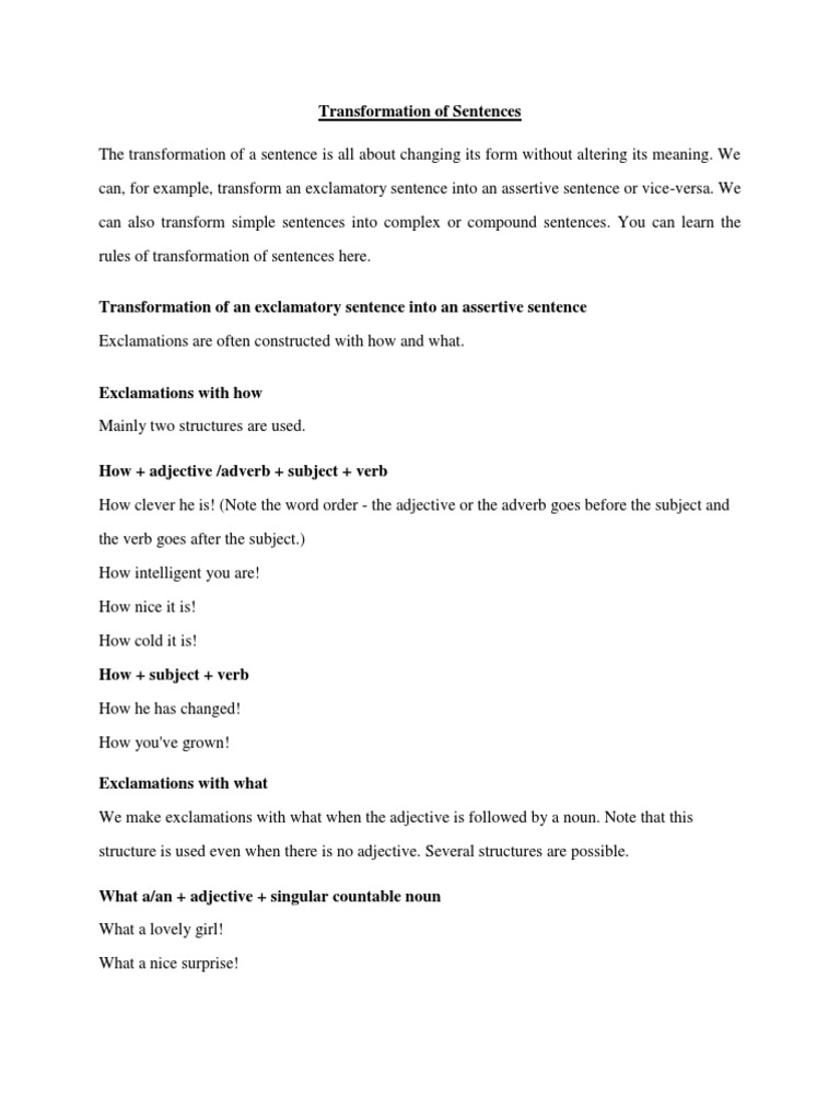 Sentence Transformation Techniques | PDF | Sentence (Linguistics) | Adverb