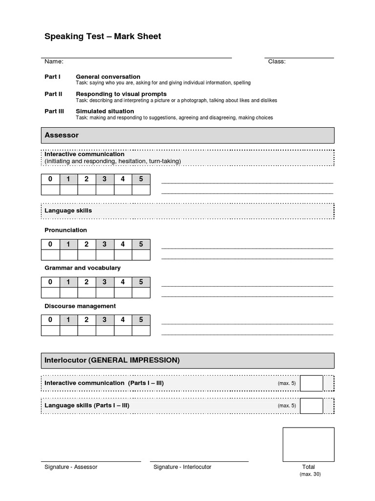 Speakingtest - Mark - Sheet 2019 | PDF
