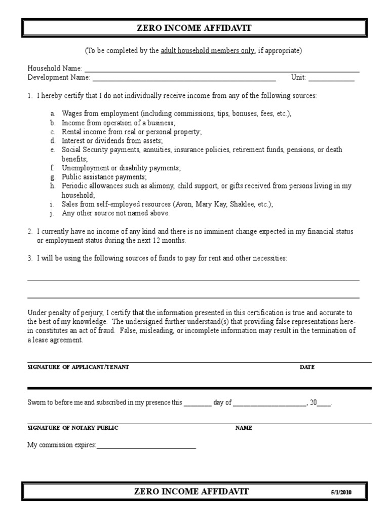 Zero Income Affidavit | PDF | Expense | Telephone