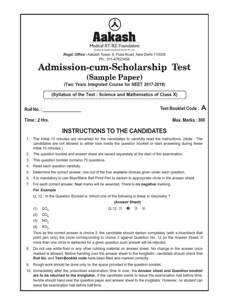 NEET 2017-2019 Sample Paper Instructions | PDF | Sodium Hydroxide ...