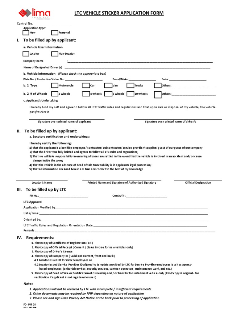 LTC Vehicle Sticker Application Form | PDF | Vehicles | Government ...