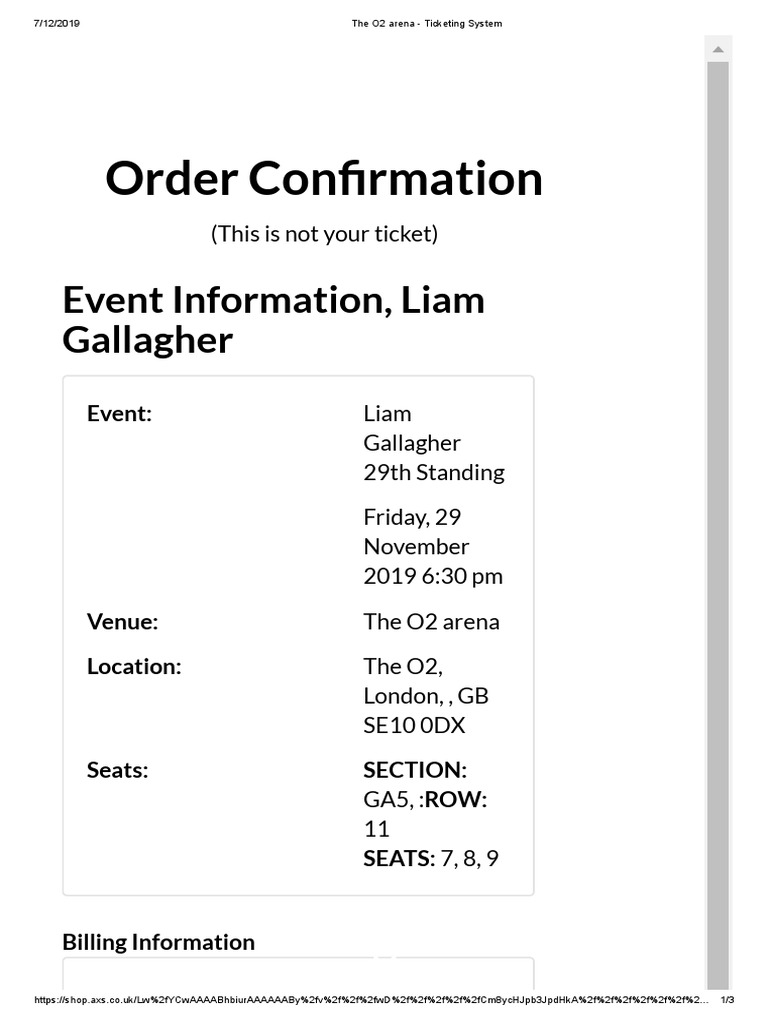 O2 Arena Ticket Order Confirmation | PDF | Payments | Financial Technology