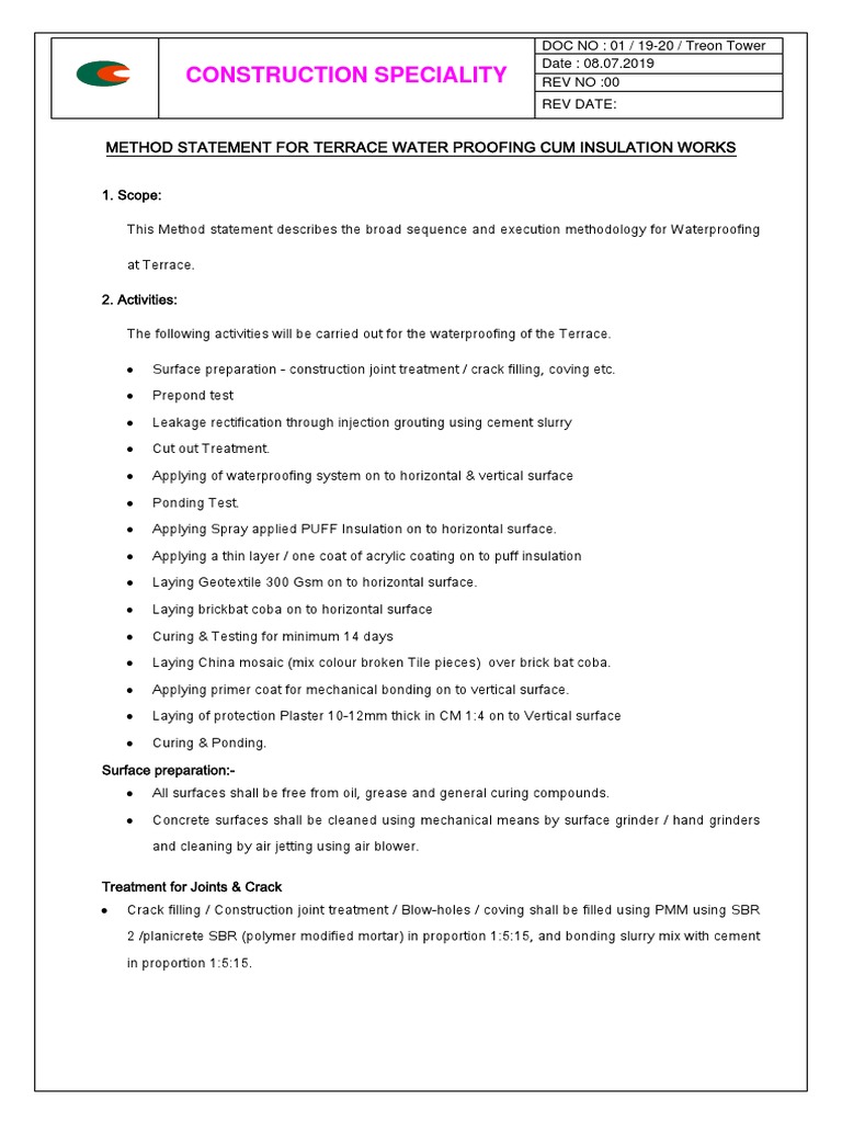 Terrace Waterproofing Method Statement | PDF | Polyurethane | Concrete