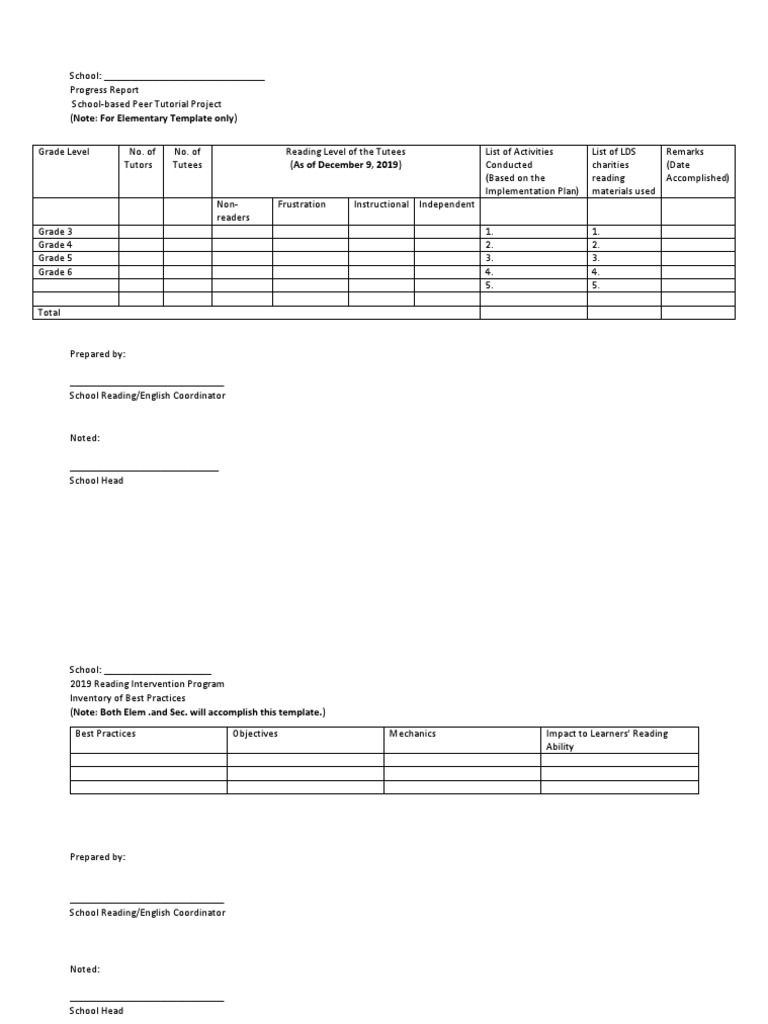 Elementary School Reading Progress Report | PDF