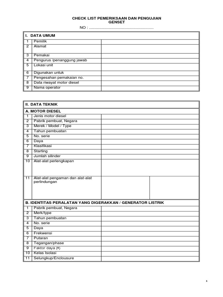 Checklist Pemeliharaan K3 Genset Oke | PDF
