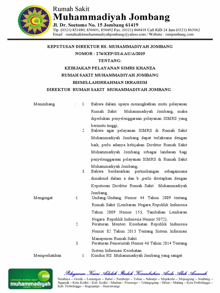 SK Kebijakan Simrs RSMJ 2019 | PDF