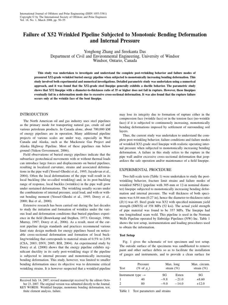 Failure of X52 Wrinkled Pipeline Subjected To Monotonic Bending Deformation and Internal ...