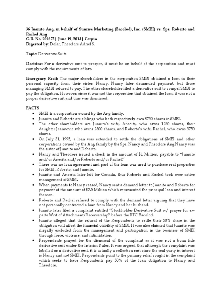 Juanito Ang vs. Spouses Roberto and Rachel Ang (Digest) | PDF | Lawsuit ...
