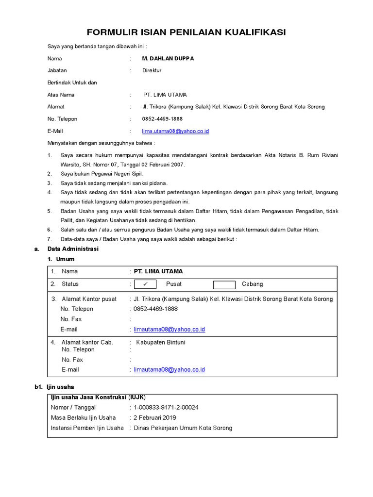 Formulir Isian Penilaian Kualifikasi | PDF