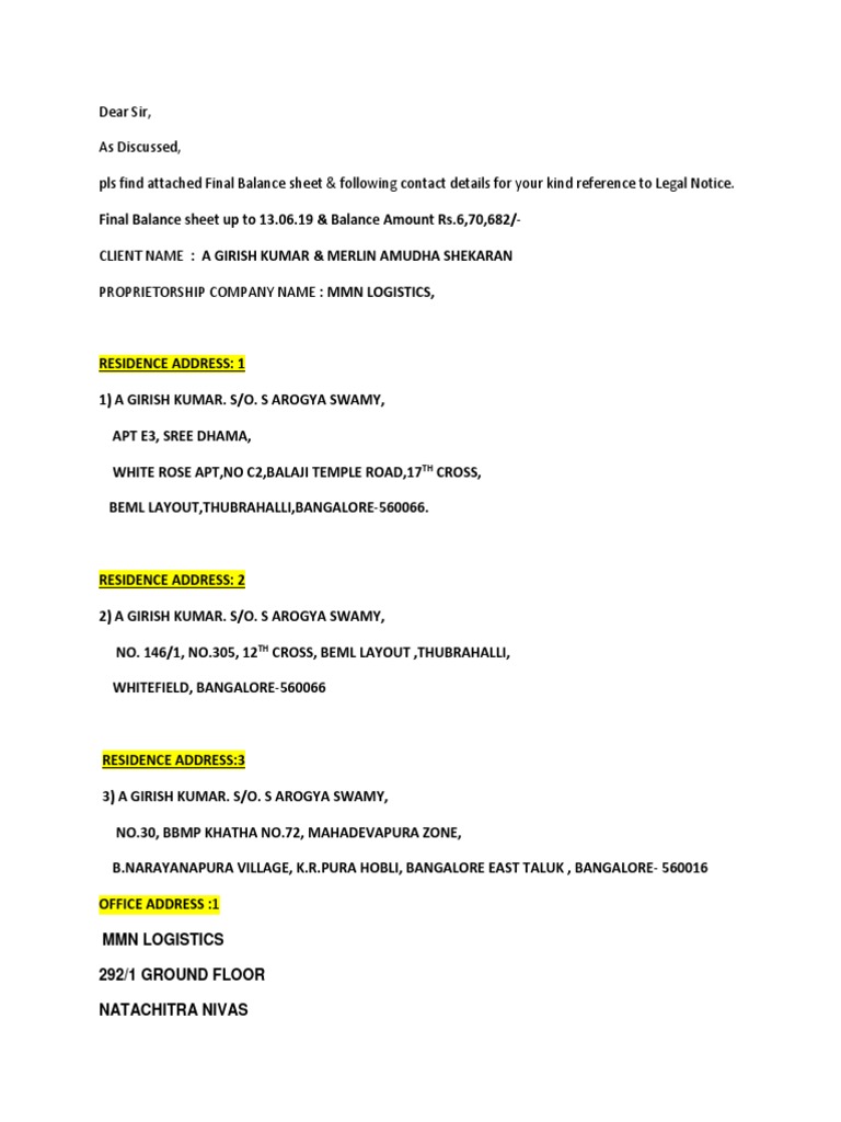 Draft Legal Notice MMN Logistics | PDF