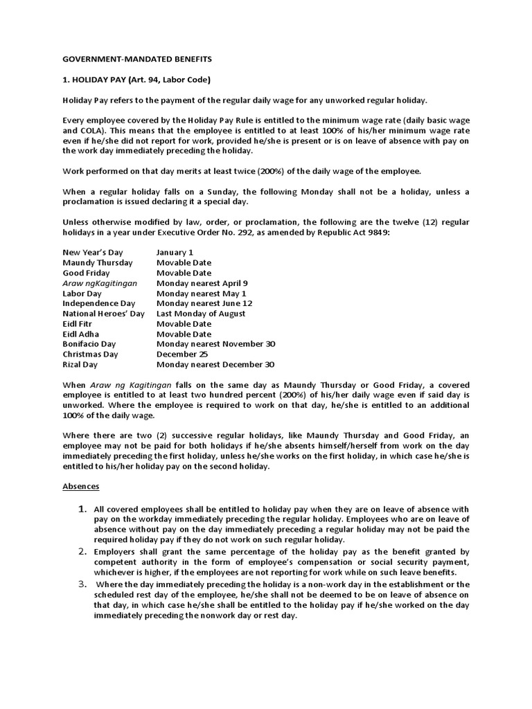 Government-Mandated Employee Benefits | PDF | Working Time | Employment