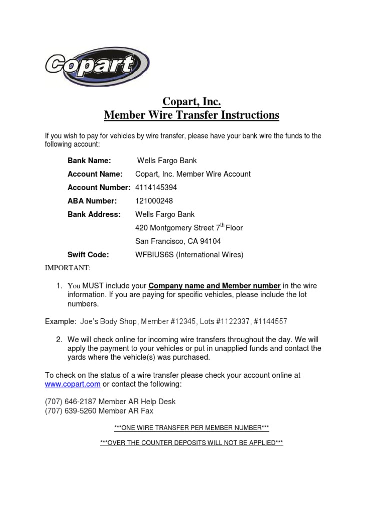 Copart Wire Transfer Instructions | PDF | Finance & Money Management