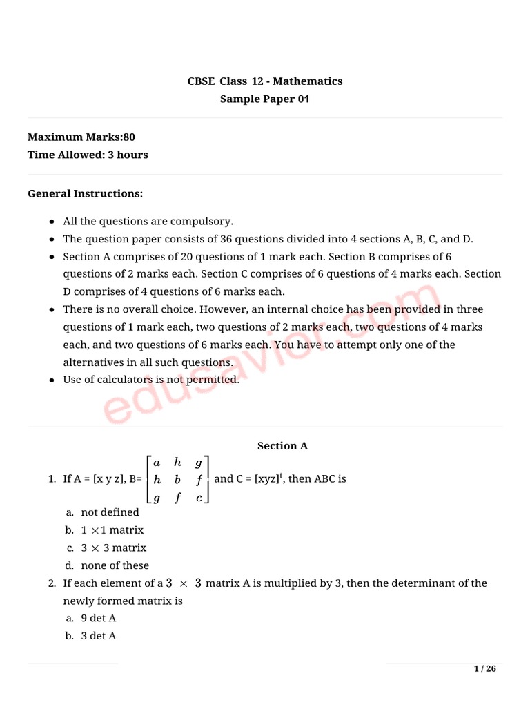 Mathematics Sample Paper - 1 (2020) | PDF | Plane (Geometry) | Vector Space