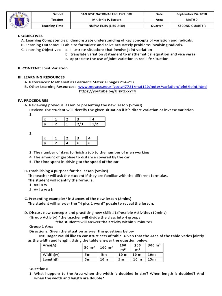 Joint Variation Lesson Plan | PDF | Lesson Plan | Teaching Mathematics