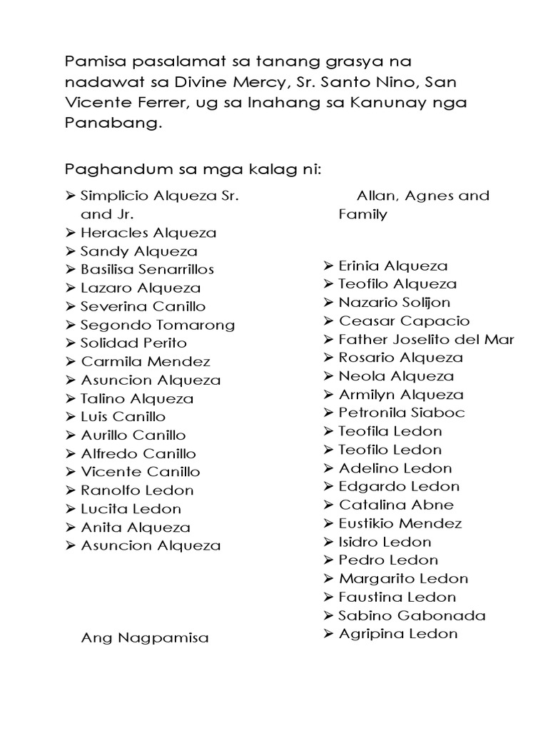 Pamisa Pasalamat Sa Tanang Grasya Na Nadawat Sa Divine Mercy | PDF