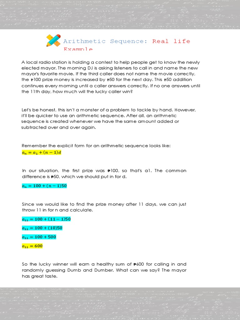 Arithmetic Sequence Real Life Example | PDF