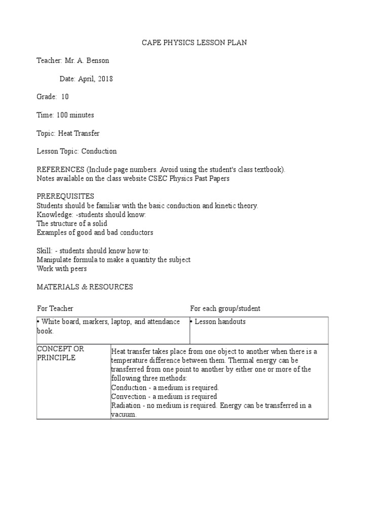 LESSON PLAN (March) | PDF | Thermal Conduction | Heat Transfer
