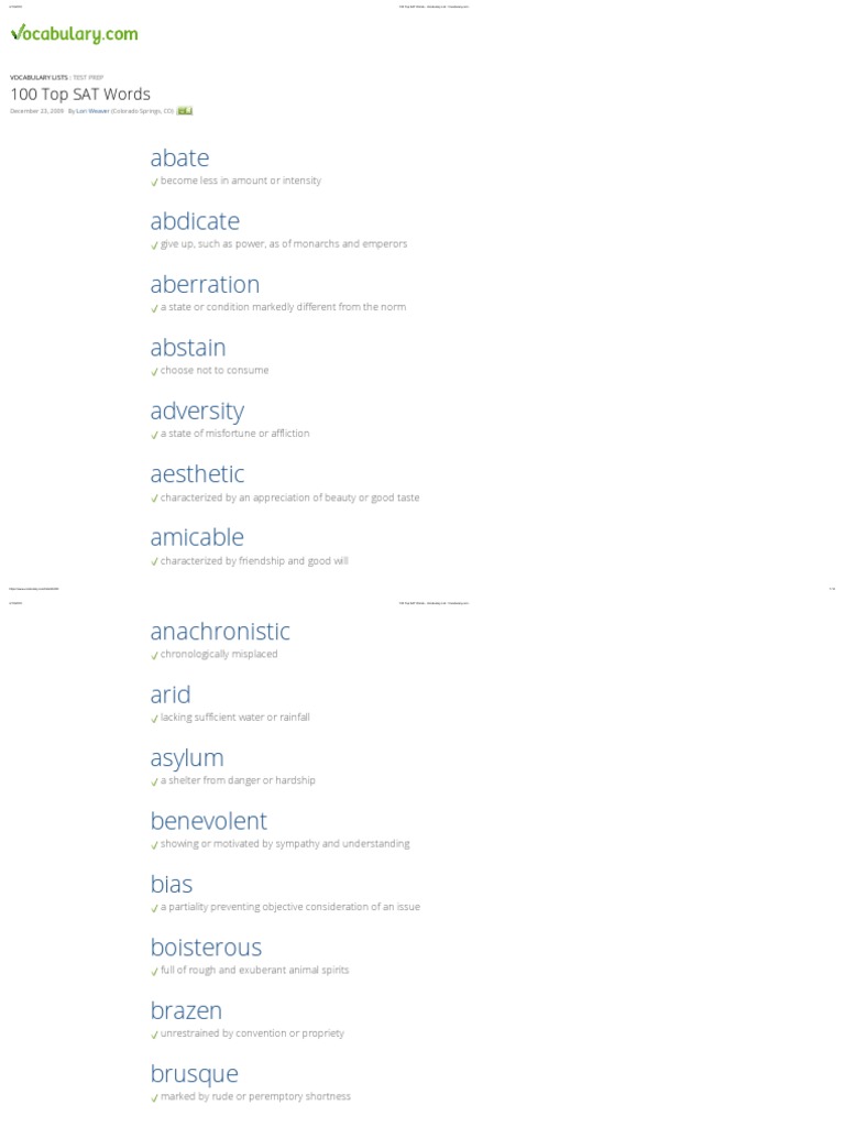 100 Top SAT Words - Vocabulary List Vocabulary | PDF | Psychological ...