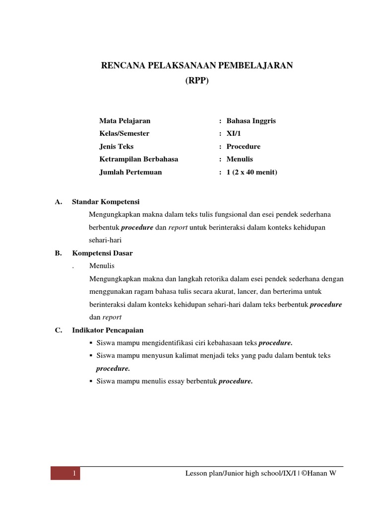RPP Lesson Plan Procedure Text | PDF | Karier & Perkembangan