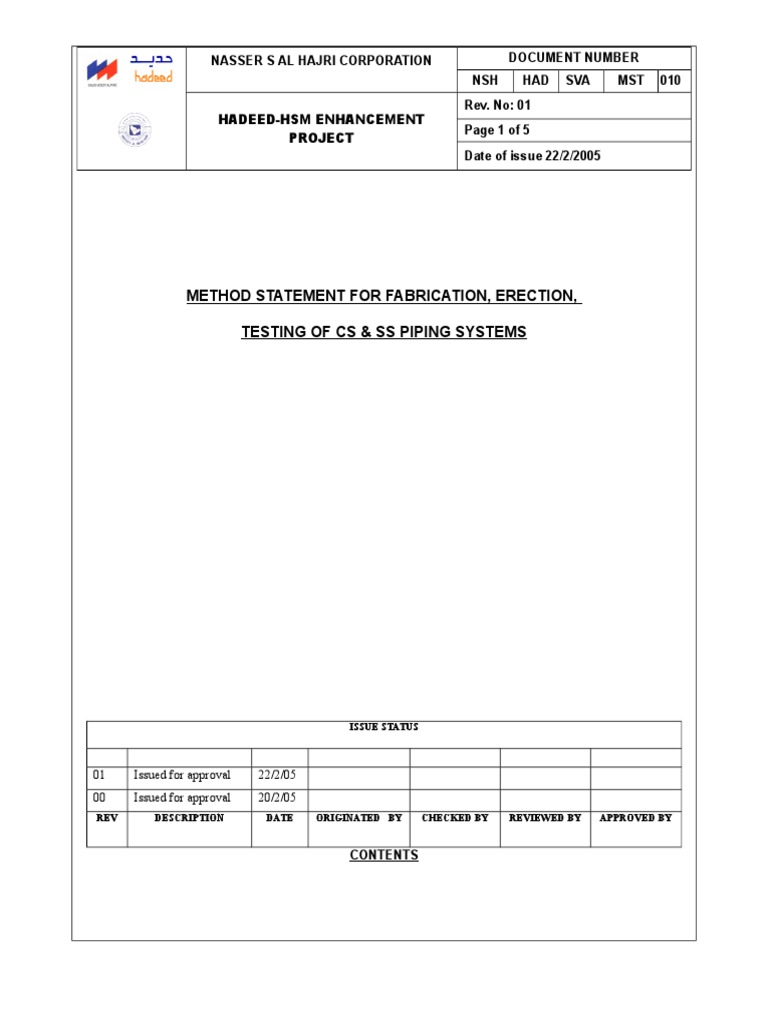 Method Statement-Piping-Hadeed | PDF | Metal Fabrication | Pipe (Fluid ...