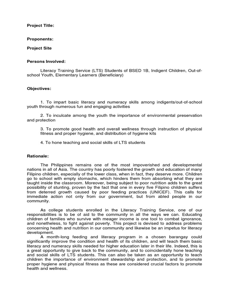 LTS Project Proposal | PDF | Literacy | Poverty