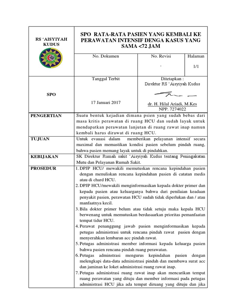 Spo Pasien Kembali Ke Hcu Denga Penyakit Yang Sama Kurang Dari 72 Jam | PDF