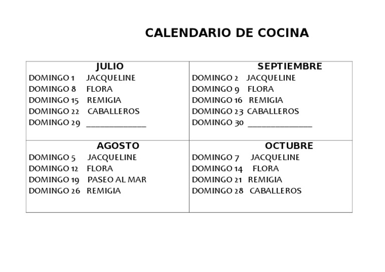 Calendario de Cocina: Julio a Octubre | PDF | Arte