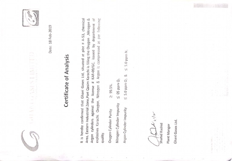 Argon Gas Certificate of Analysis | PDF