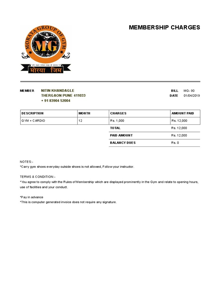 Gym Bill | PDF | Finance & Money Management