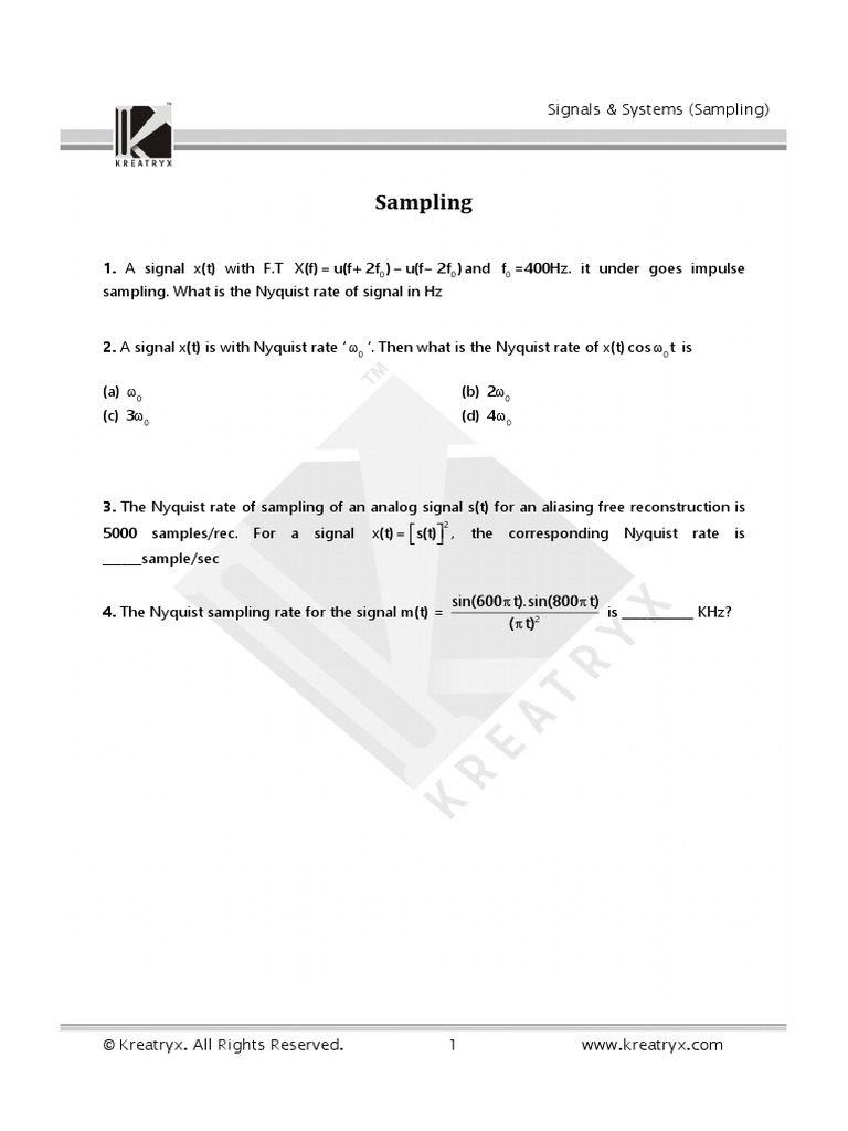 Signals and Systems (Practice Questions - Sampling) | PDF | Sampling (Signal Processing ...