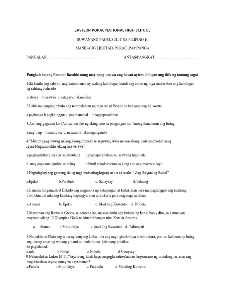 Filipino 10 Tos First Grading 2016 | PDF