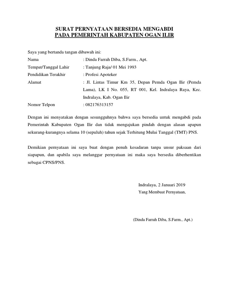 Surat Pernyataan Bersedia Mengabdi | PDF