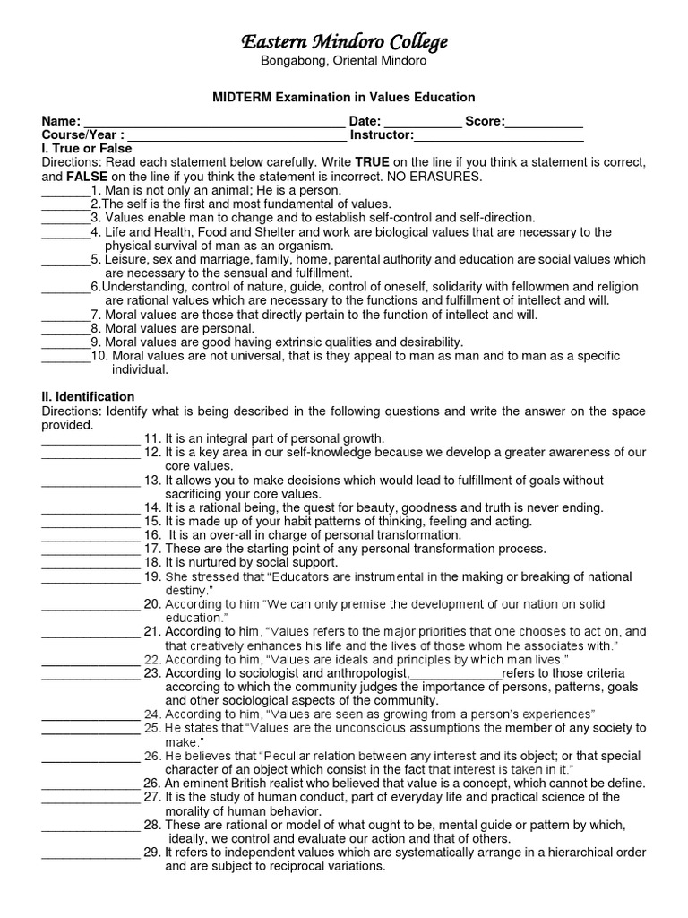 Part 2. Exam in Values Education | PDF | Value (Ethics) | Experience
