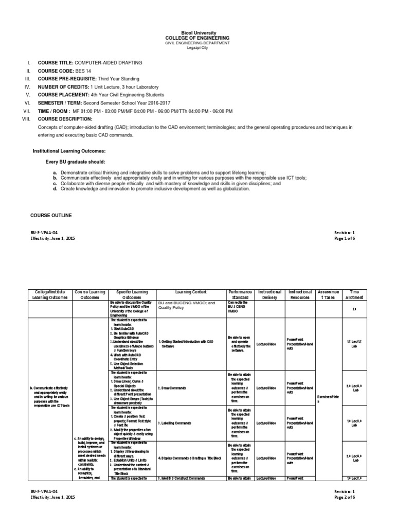 CAD Syllabus 2015 Format SY 2016-2017b | PDF | 3 D Computer Graphics ...